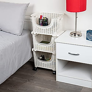 Mind Reader 3-Tier Stackable Containers Rolling Plastic Bins, Storage Baskets, Ivory