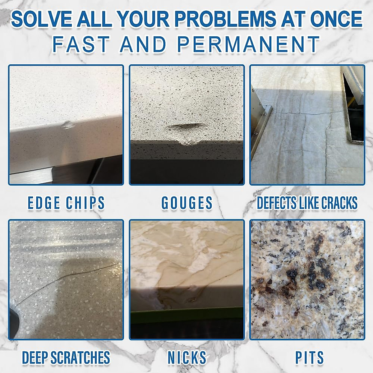 Quartz Countertop Chip Repair Kit(White), Traceless & Quickly Repair Edge Chip, Crack and Hole, Quartz Countertop Repair Kit for Quartz, Marble, Granite, Porcelain and Other Stone Surfaces, 59ml