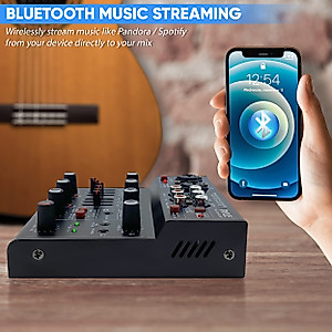 Pyle Professional Wireless DJ Audio Mixer - 4 Channel Bluetooth Controller Sound Mixer, USB Audio Interface, 2 Combo Jack XLR+6.35mm Mic/Line/Guitar in, 3.5mm, RCA AUX, Headphone Jack - PAD43MXUBT
