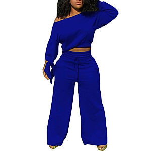 MRSYVES Solid 2 Piece Outfits for Women Sexy Clubwear Plus Size and Off Shoulder Long Sleeve Shirt Loose Pants Set Tracksuit Blue S