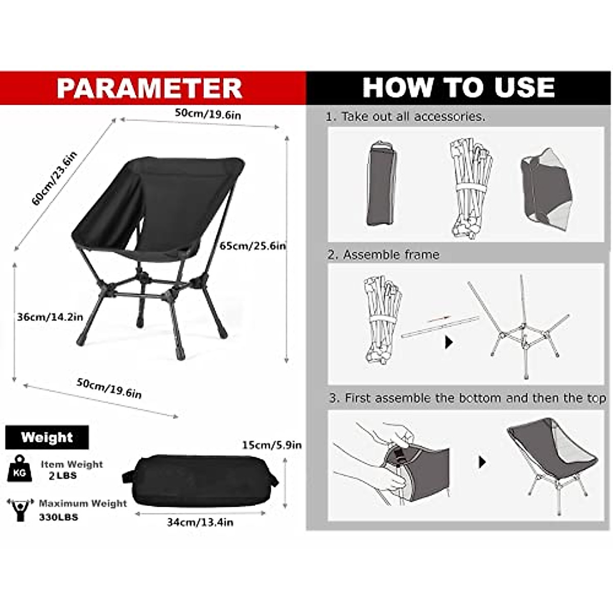 Ovyuzhen Portable Camping Chair, Folding Chair Supports 330lbs with Side Pockets Lightweight Heavy Duty for Outdoor Fishing Picnic Beach Hiking Backpacking Travel