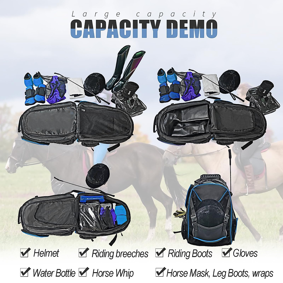 Large capacity equestrian horse riding gear horseback riding bag grooming tote bag equestrian backpack with helmet holder ringside equipment casual daypack backpacks
