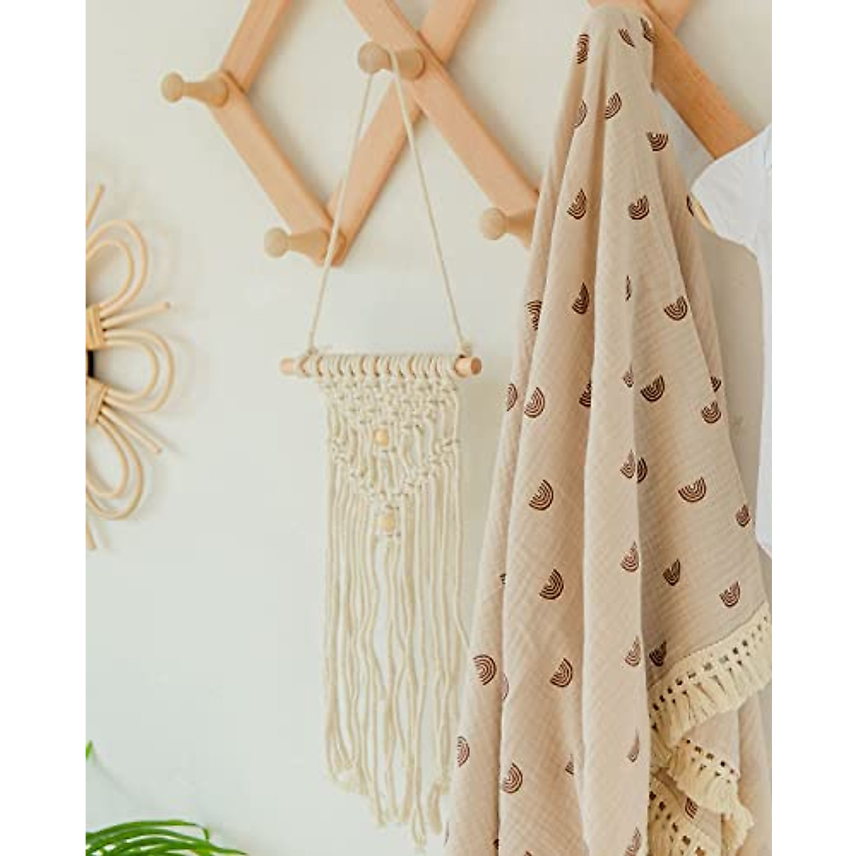 CHUNGEL Cotton Baby Muslin Tassles 40"x 47", Baby Receiving Blanket with Fringe, Boho Muslin Swaddle Blanket with Fringe- Earth Rainbow…