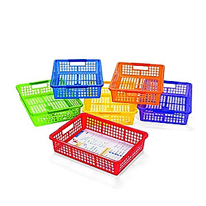 Plastic Organization Storage Baskets for Kids - Set of 6 Bins with Handles - Classroom Teacher and Supplies - Basket Size - 13" x 9 3/4" x 3"