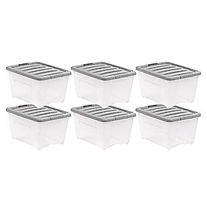 Amazon Basics 32 Quart Stackable Plastic Storage Bin with Latching Lid- Clear/ Grey- Pack of 6