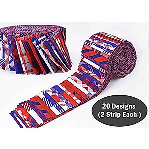 Soimoi 40Pcs Check & Tartan Print Cotton Precut Fabrics for Quilting Craft Strips 2.5x42inches Jelly Roll - Red, Blue & White