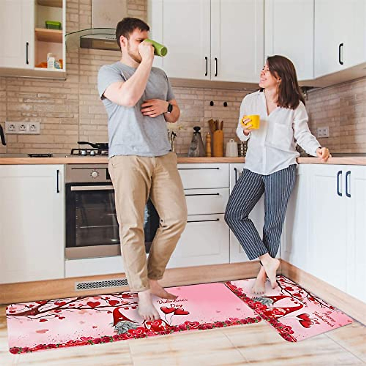 ROTORS Valentine's Day Pink Love and Gnomes Kitchen Rug Set 2 Piece, Cushioned Anti-Fatigue Kitchen Floor Mats Waterproof Easy to Clean, Comfort Standing Kitchen Mat Set with Non-Slip Latex