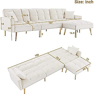 Ucloveria Sectional Sofa Couch, Convertible L-Shaped Sofa Bed with Adjustable Backrest & Movable Ottoman & 2 Toss Pillows, 3 in 1 Multi-Function Sleeper Sofa for Living Room Bedroom, Cream White