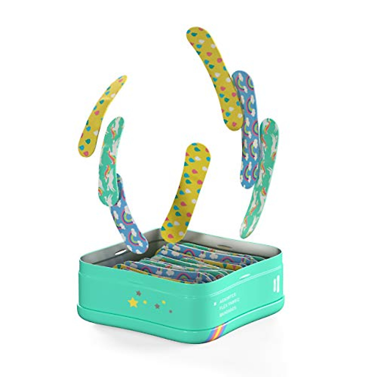 Welly Bandages | Adhesive Flexible Fabric Bravery Badges | Assorted Shapes for Minor Cuts, Scrapes, and Wounds | Colorful and Fun First Aid Tin | Unicorn Patterns - 48 Count