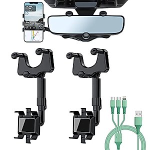 2 Pack Rearview Mirror Phone Holder for Car Multifunctional 360° Rotatable Retractable Car Phone Holder Mount ,Universal Cell Phone Holder Fit All Car and Phone, Charging Cable Included