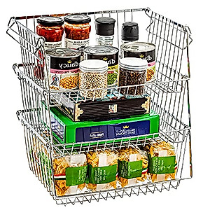 SANNO 14" Large Bin Baskets Stacking Farmhouse Baskets Wire Storage Baskets Organization Farmhouse Scoop Baksket for Pantry, Kitchen, Closets, Bathroom, Cabinets, Kitchen, Set of 3
