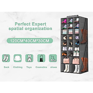 Hanging Shoe Organizer for Closet, Closet Hanging Shoe Storage Rack Holder Shelves,Collapsible Shoe Closet Organizers and Storage with 4 Large Side Pockets,25 Sections for Shoes,Hats,Clothes(Gray)