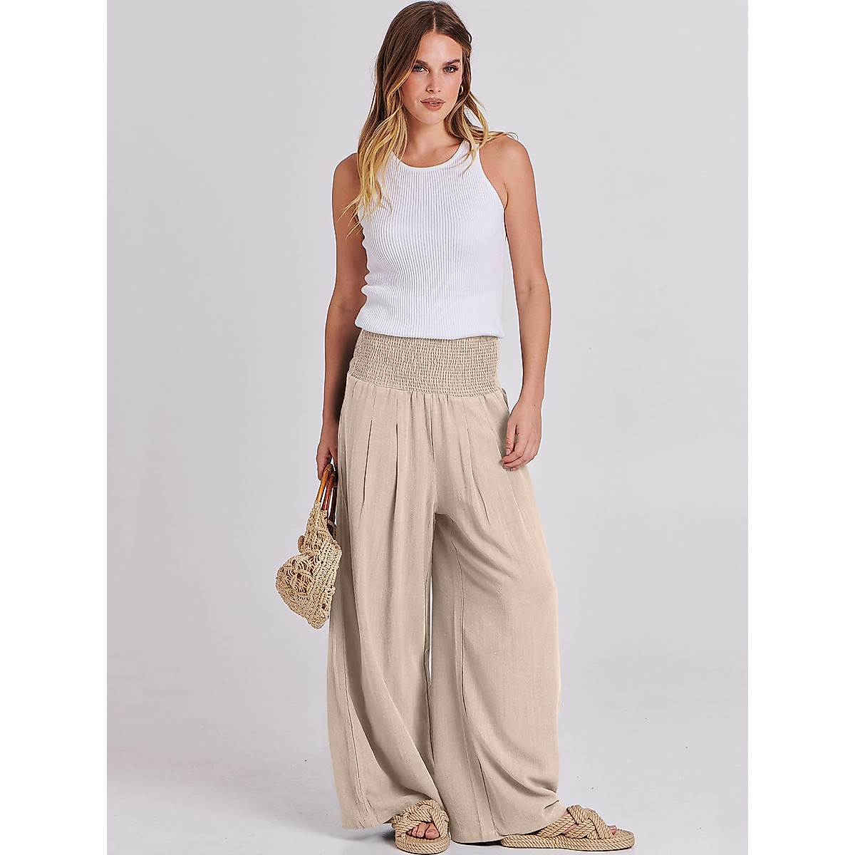 ANRABESS Women Linen Palazzo Pants Summer Boho Wide Leg High Waist Casual Lounge Pant 2025 Beach Travel Vacation Outfits Almond Large