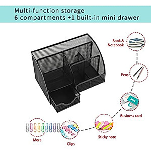 Beiz Desk Organizer Caddy and Accessories Holder with Storage Drawer + 6 Compartments, Pen Organizer w/Sticky Note Tray, Desk Essential to Collect Desk Supplies for Office Home Dorm Room, Black