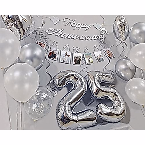 25th Anniversary Decorations Party Supplies Set of Happy Anniversary Photo Banner and Balloons,Hanging Swirls for 25 year Wedding Anniversary decor(silver)