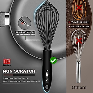 Walfos Silicone Whisk, Stainless Steel Wire Whisk Set of 3 -Heat Resistant Kitchen Whisks for Non-stick Cookware, Balloon Egg Beater Perfect for Blending, Whisking, Beating, Frothing & Stirring, Black