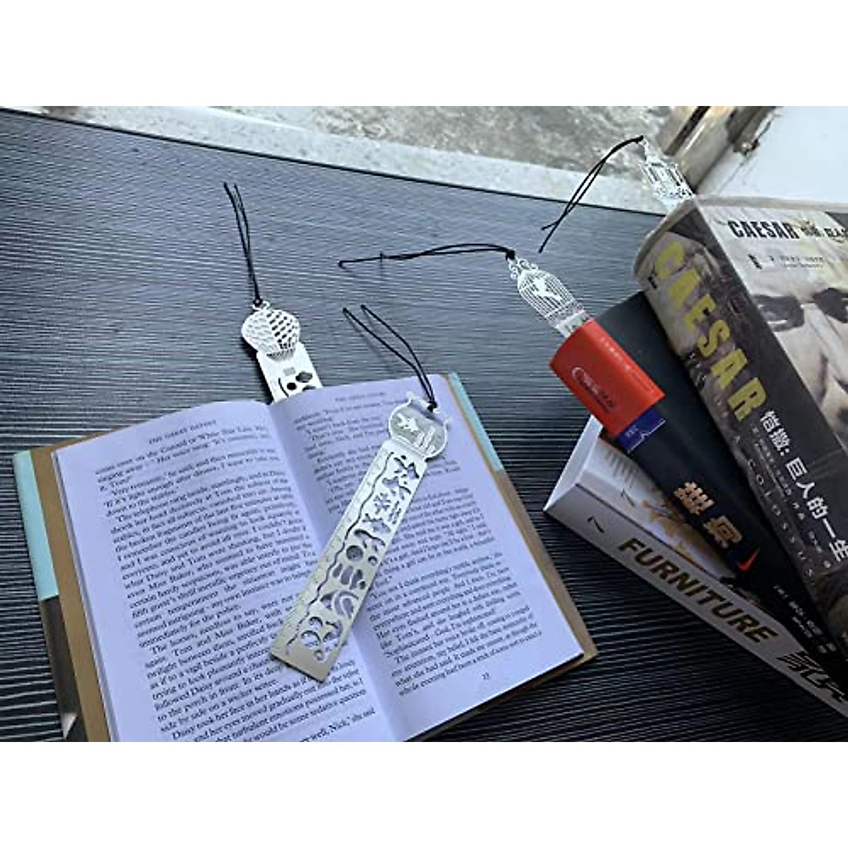 4 Pcs Hollow Metal Bookmark Phineon Carousel Birdcage Fish Tank Book Marks with Braided Tassel Pendant for Kids Students Children Boys Girls