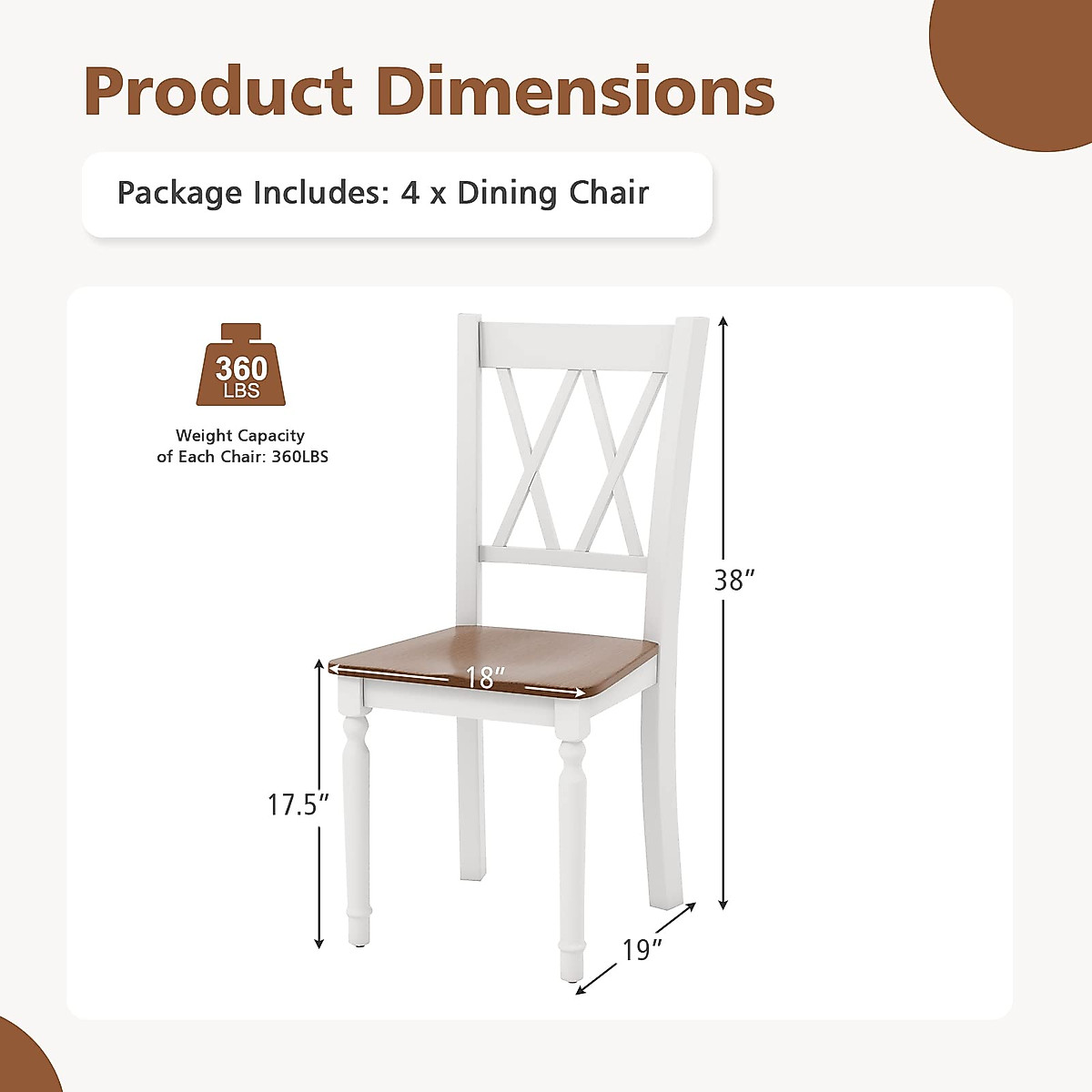 Giantex Dining Room Chairs Set of 4 White - Wooden Farmhouse Kitchen Chairs with Rubber Wood Seat, Acacia Wood Legs, Max Load 360 Lbs, Heavy Duty Wood Armless Dining Chairs with High Back