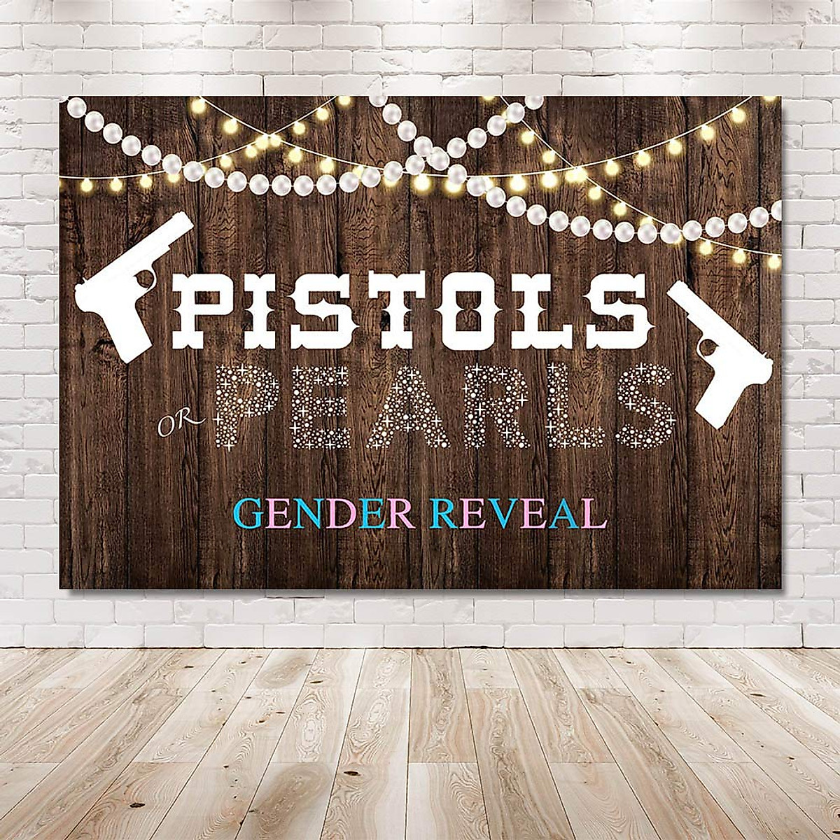 MEHOFOND Pistols or Pearls Gender Reveal Baby Shower Party Photo Background Props Rustic Wood Glitter Lights Pearls Boy or Girl Baby Shower Decoration Backdrops Banner for Dessert Table Supplies 7x5ft