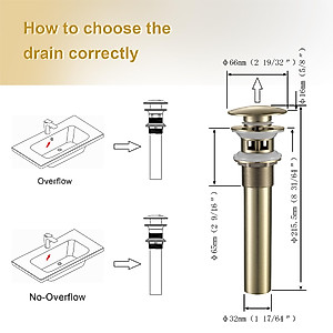 Indare Bathroom Sink Drain with Strainer Basket Anti Clog Pop Up Drain Stopper Vanity Vessel Sink with Overflow，Brushed Gold