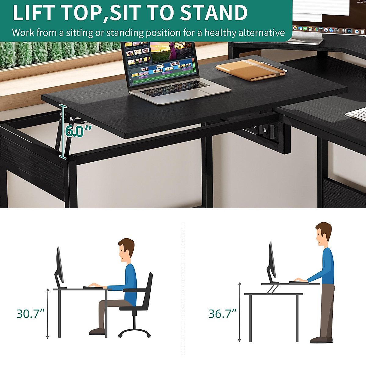 YITAHOME L Shaped Desk with Lift Top, 65" Adjustable Standing Desk with File Drawer, Corner Computer Desk with Storage Shelves,Home Office Desk, Black