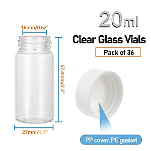 Njvial 36Pcs 20ml Small Glass Vials with White Lids Lab Sample Vials Empty Refillable Perfume Travel Mini Glass Bottles with Screw Caps for Essential Oils
