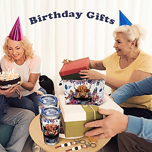 Abbylike 3 Pcs Western Highland Cow Gifts for Women 20 oz Highland Cow Stainless Steel Tumbler Highland Cow Makeup Cosmetic Bag Highland Cow Keychain for Highland Cow Lover Christmas Birthday Gift