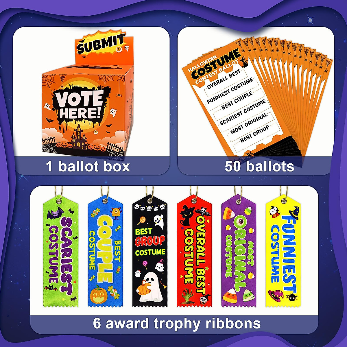 57 Pcs Halloween Party Costume Contest Ballot Set Voting Ballots Trophy Ribbons Halloween Costume Contest Awards Halloween Party Favors for Kids Adults