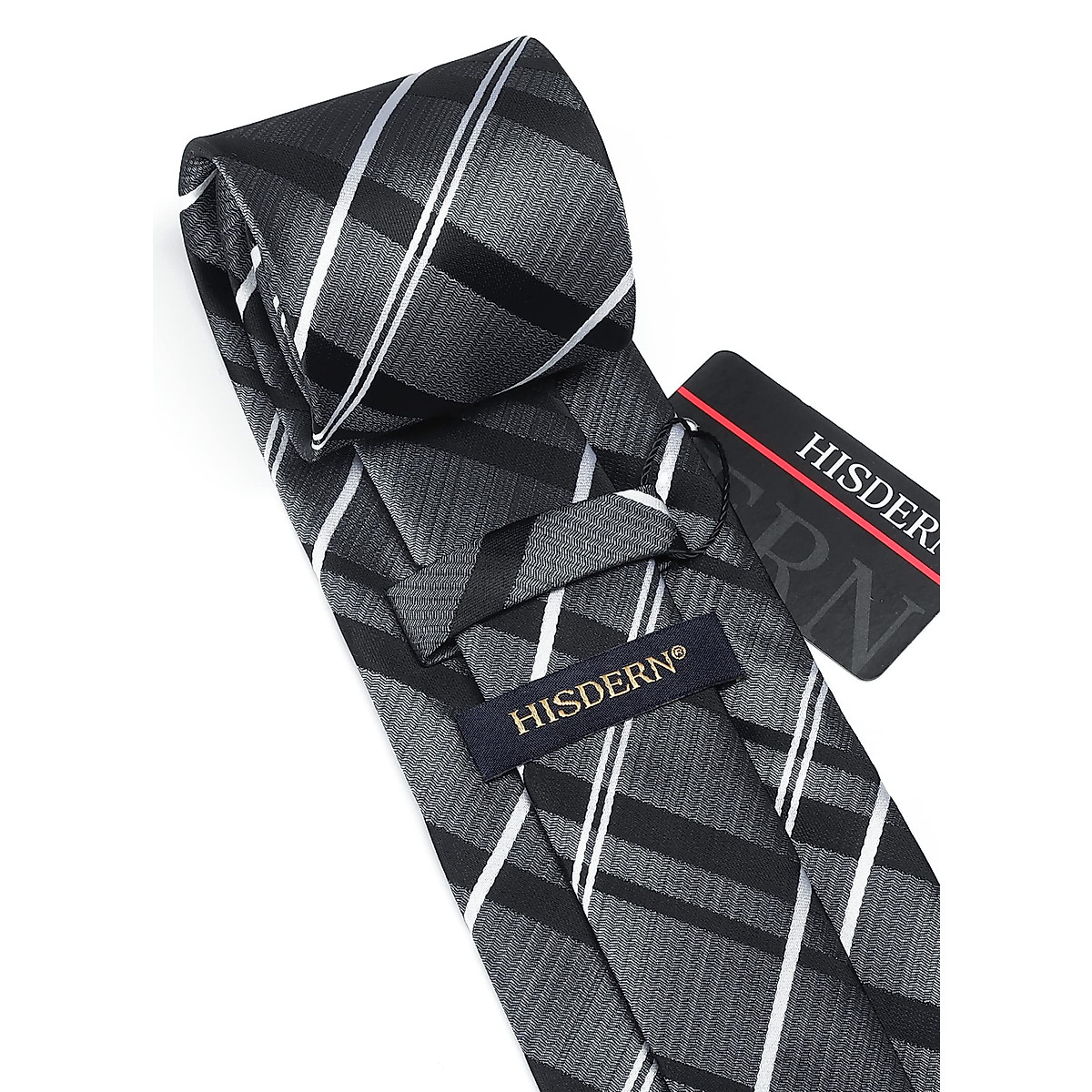 HISDERN Stripe Ties for Men Set Gray and Black Men's Ties Handkerchief Cufflinks Classic Formal Silk Necktie Wedding Business