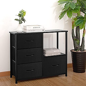 AZL1 Life Concept Storage Tower with Shelves, 4 Drawers Closet Organizer, Night Stand, Fabric Bins, Versatile Cabinet, Dresser for Bedroom, Living Room, Hallway, Wood Handles, Black