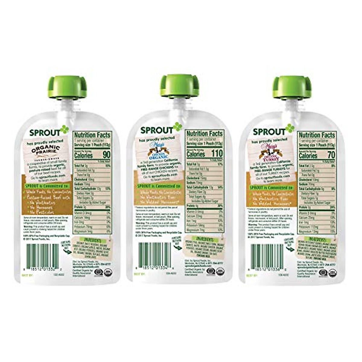 Sprout Organic Baby Food, Stage 3 Pouches, Root Veg & Beef, Creamy Veg & Chicken, Garden Veg & Turkey Variety Pack, 4 Oz Purees (Pack of 18)