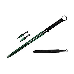 Wartech K1020-64-GR 440 Stainless Steel Full Tang Blade Ninja Hunting Machete Sword with Throwing Knives (2 Piece), 27", Green