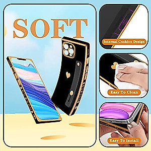 Petitian for iPhone 12 Pro Max Square Case with Loopy Stand/Strap, Luxury Cute Women Girls Heart Electroplated Designer Squared Edge Phone Cases for 12 Pro Max, Black