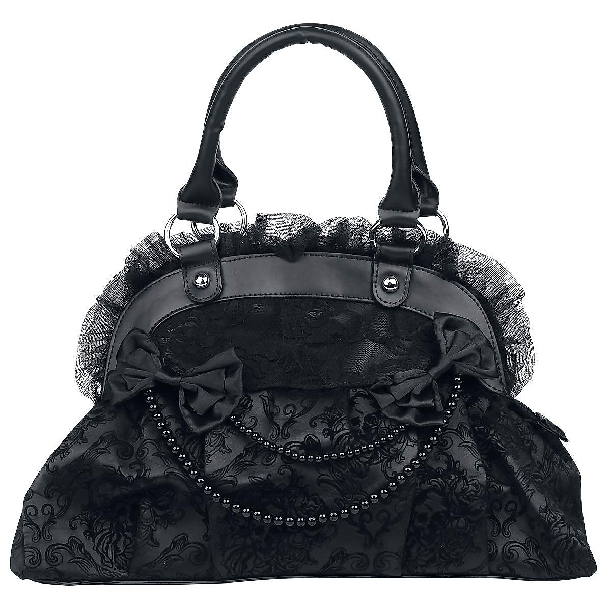 Lost Queen Reinvention Victorian Gothic Handbag Flocked Skulls with Bows and Lace Bag Women's 15" Purse