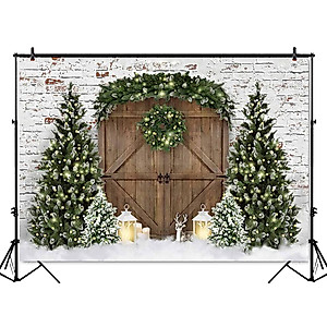 Mocsicka Christmas Wood House Photography Backdrop Xmas Tree Snow Wreath Photo Background Rustic Barn Door Family Kids Holiday Portrait Photo Booth Props (10x8ft)