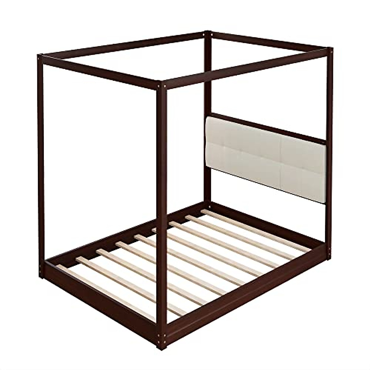 DOLPRNE Modern Queen Size Wooden Canopy Platform Bed with Upholstered Headboard,Multiple Choice for Kids Teen Adults Bedroom,Box Spring Not Required,Espresso