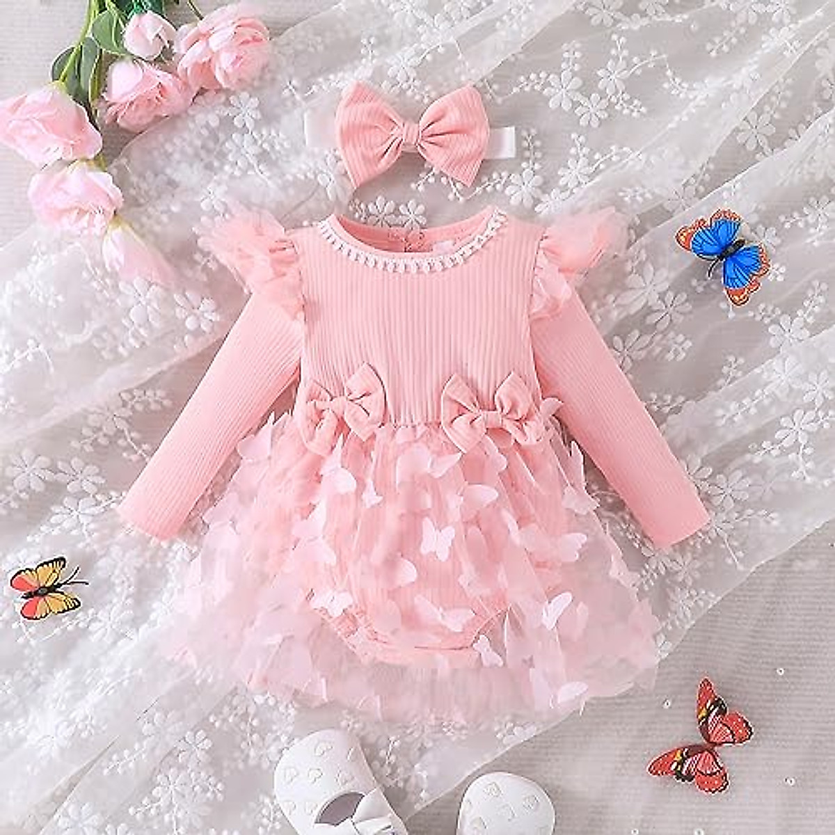 IDOPIP Baby Girls Butterfly Tutu Dress Ruffle Long Sleeve Romper with Butterfly Tutu Skirt and Bowknot Headband 2PCS Infant Girls 1st Birthday Outfit Winter Fall Dress Clothes Pink 3-6 Months