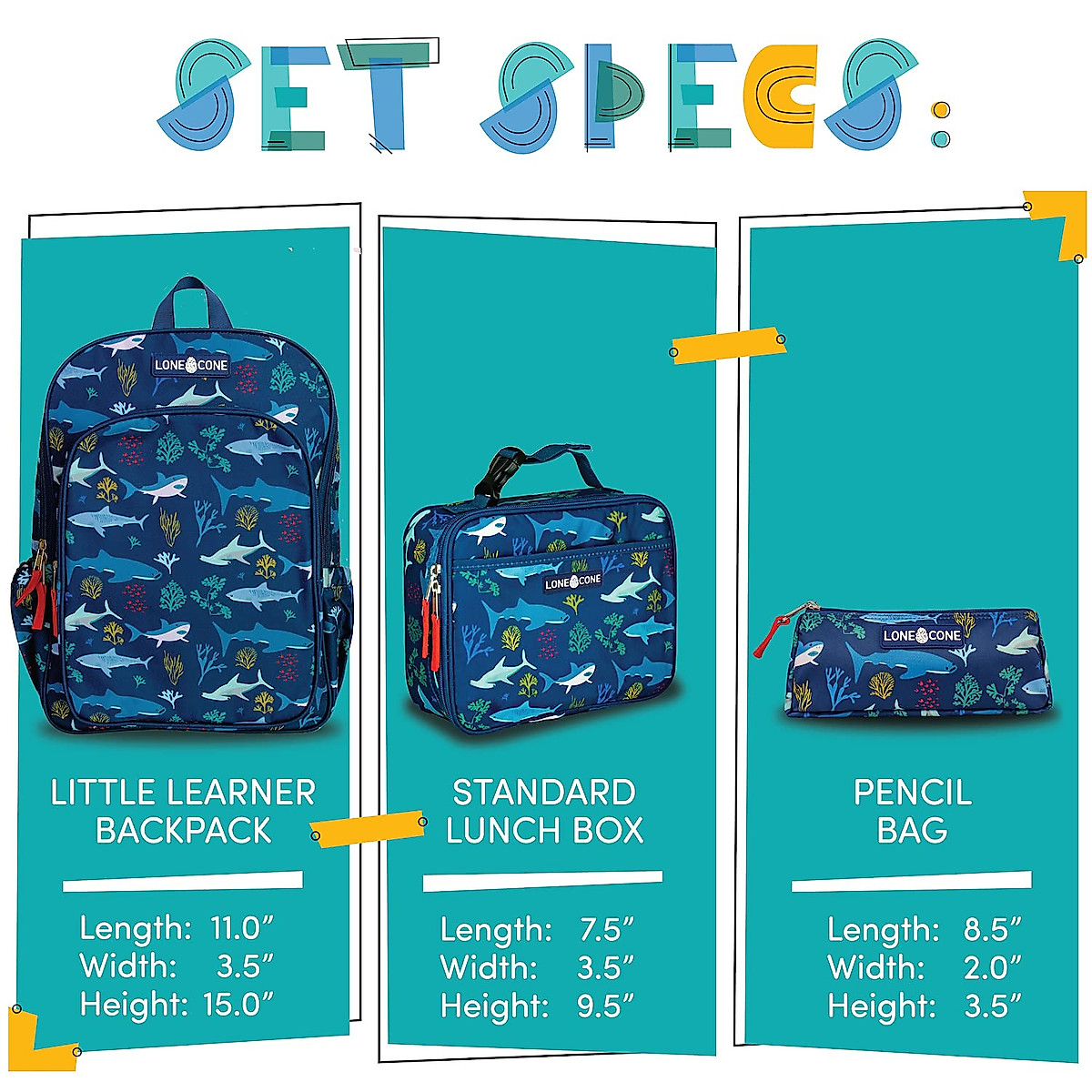 Lone Cone Kids' Backpacks for Boys & Girls, Sizes for Preschool Through Elementary, Shark School, Kit (15" Backpack w/ Lunch Box)