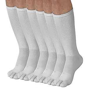 FUN TOES Men Crew Toe Socks Athletic Running Socks - Arch Support - Proper Toe Alignment - Breathable Mesh Top - Soft and Stretchy Value 6 Pairs Pack size 6-12 (White)