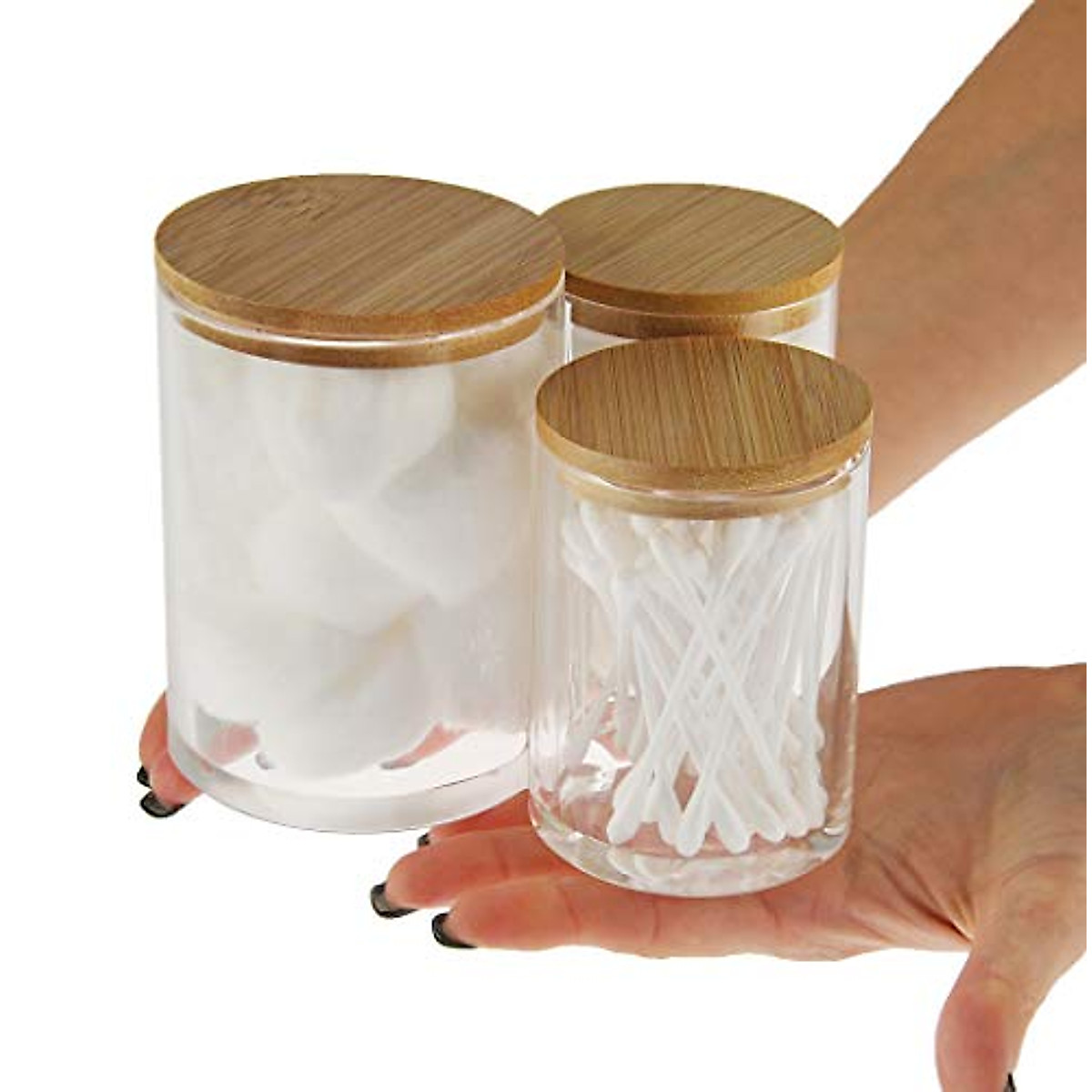 ARAD Cotton Ball, Swab, Q-tip Storage Set, 1-Piece, 3 Compartment, Clear Acrylic Jar Container with Bamboo Lid, Easy Organization on Bathroom Counters, Under-Sink Placement-6"D x 4.5" H