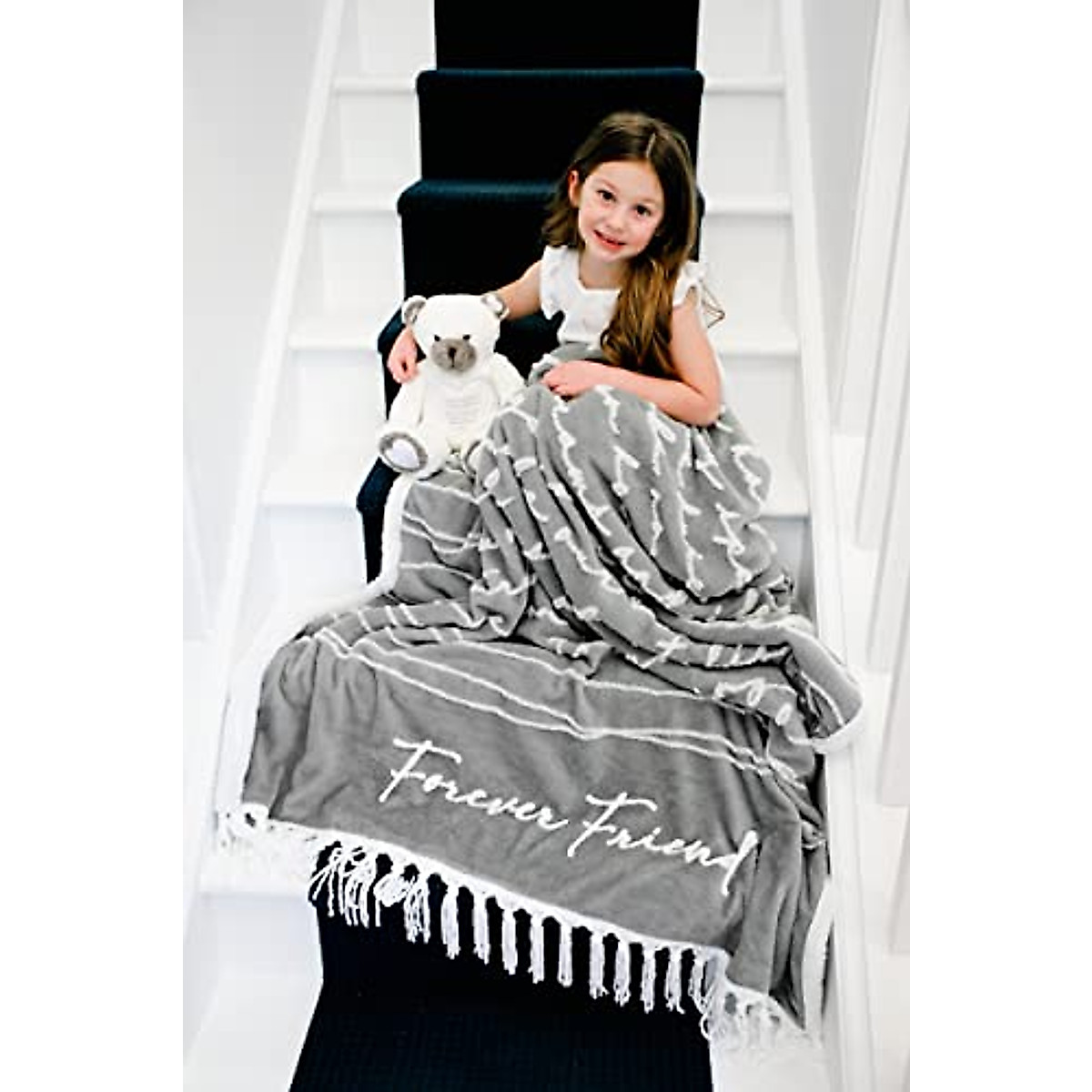 Pavilion - Forever Friend 50" x 60" Luxury Sherpa Tassel Raised Text Throw Blanket Bestie Best Friend Encouragement Housewarming Gift - Threaded Together