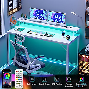 iSunirm 55 inch Computer Desk with Power Outlets, Office Desk Gaming Desk with LED Lights, Home Office Desk with Monitor Shelf, Modern Work Desk Study Writing Table for Bedroom, Pure White