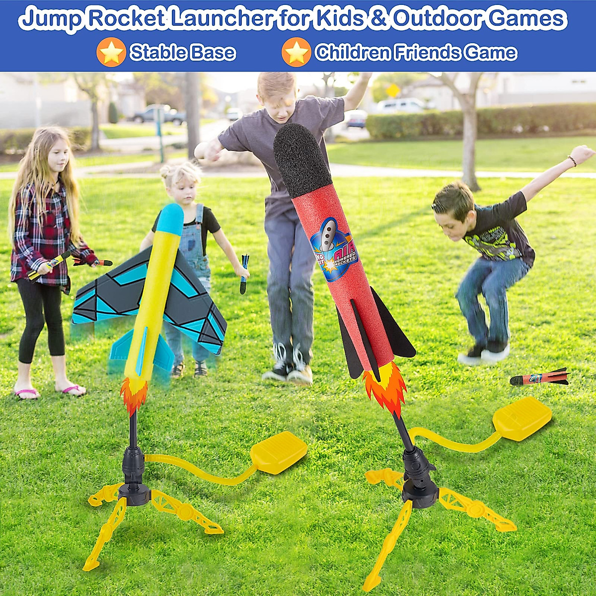 Rocket Toy Outdoor Rocket Launcher for Kids, Shoots Up to 100 Feet, 6 Colorful Rockets and 3 Planes with 2 Sturdy Launcher Toy Stand, Birthday Gift for Boys Girls Age 3-12