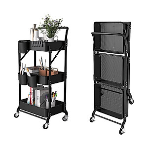 DTK 3 Tier Foldable Metal Rolling Cart, Metal Trays Utility Cart with Handle and Wheels, 3 Hanging Cups and 6 Hooks Storage Organizer Cart, Collapsible Kitchen Cart for Bathroom Office Kitchen(Black)
