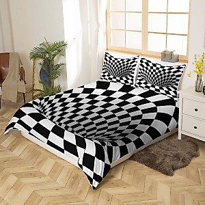Castle Fairy Op Art Bedding Set,Black White Grid Duvet Cover for Kids Teen Boys Girls,Geometric Arrangement Comforter Cover Decorative Room,Visual Geometry Quilt Cover with 2 Pillowcases,King Size
