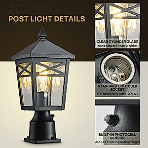 Moonlok 1-Light Dusk to Dawn Outdoor Post Light, Exterior Lamp Post Light Fixture with Clear Glass, Black Finish Post Light Fixture for Patio Garden