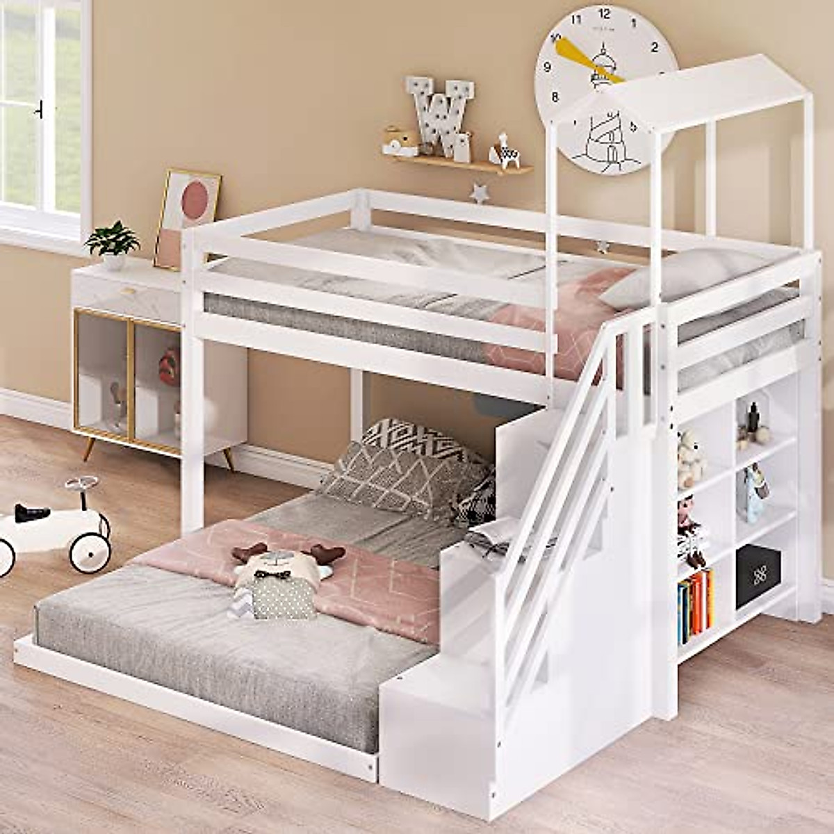 DEYOBED Twin Over Full House Shaped Wooden Bunk Bed with Detachable Loft Bed, Trundle, Storage Staircase, and Shelves - Versatile Sleep and Storage Solution for Kids, Teens, Adults | Twin-Full Size