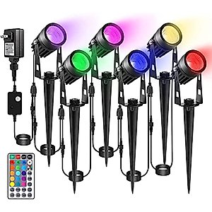 GreenClick RGB LED Landscape Lighting Low Voltage 6-in-1 with Remote, 16 Color Changing Landscape Lights 8 Modes IP65 Waterproof Outdoor Spotlights with Transformer for Holiday Garden House Outdoor