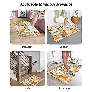 Thanksgiving Front Door Mat Outside Entrance, Harvest Pumpkin Maple Leaf Outdoor Indoor Door Mats for Entryway, Low Profile White and Orange Buffalo Plaid Funny Welcome Mat Entry Doormats 24x36 in