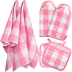 Patelai 6 Pcs Valentines Day Buffalo Plaid Pot Holders Kitchen Towels Oven Mitts Dish Towels Set Potholder Glove Heat Resistant Non Slip Holder for Baking Cooking Grilling